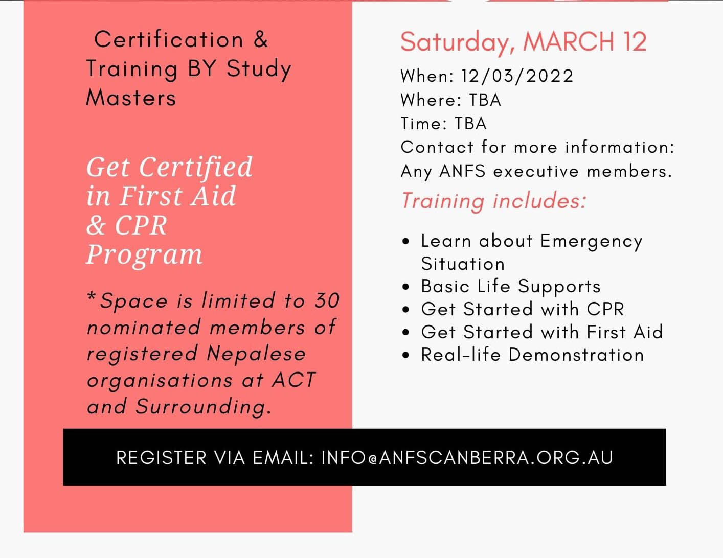 FIRST AID AND CPR TRAINING PROGRAM - ANFS Canberra